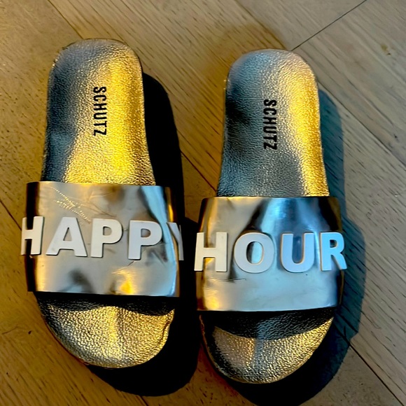 SCHUTZ | Shoes | Schultz Customized Pool Slides Shiny Gold With White ...